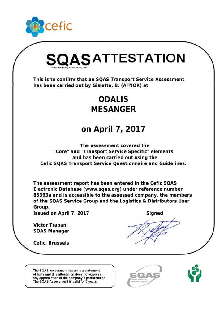 Entreprise ODALIS | Attestation SQAS
